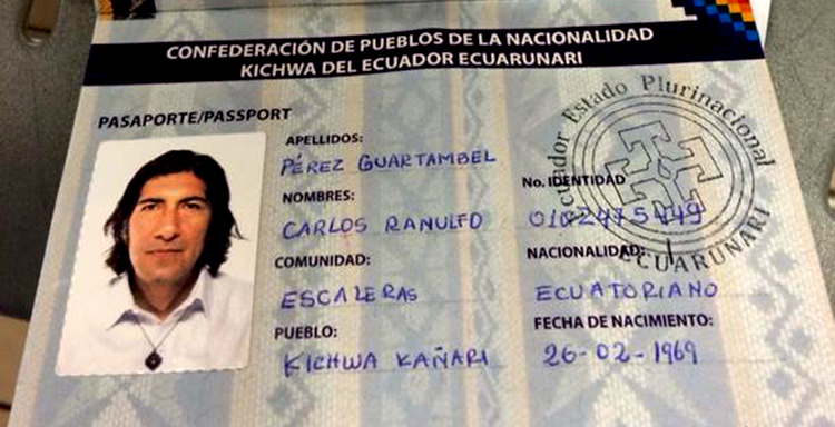 President Of Ecuarrunari, Carlos Pérez Guartambel, enters Ecuador with ...